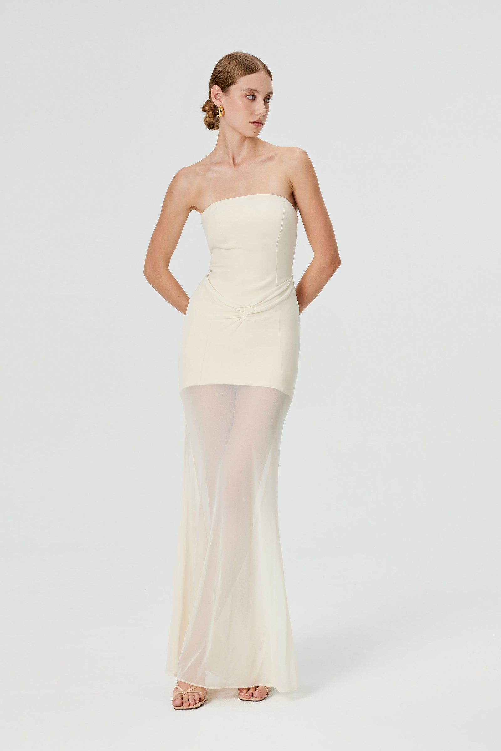 Giasa Strapless Draped Mesh Fishtail Gown - Cream